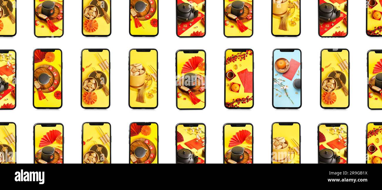 Many mobile phones with Chinese wallpapers on screens against white ...