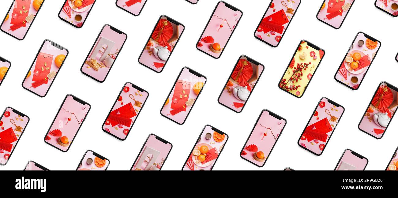 Many mobile phones with Chinese wallpapers on screens against white ...