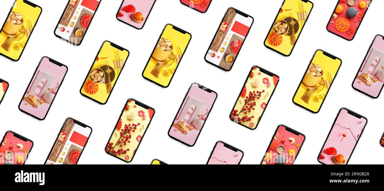Many mobile phones with Chinese wallpapers on screens against white ...