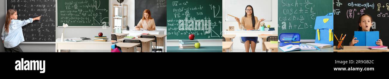 Collage of female math teachers, little girls and chalkboards in ...