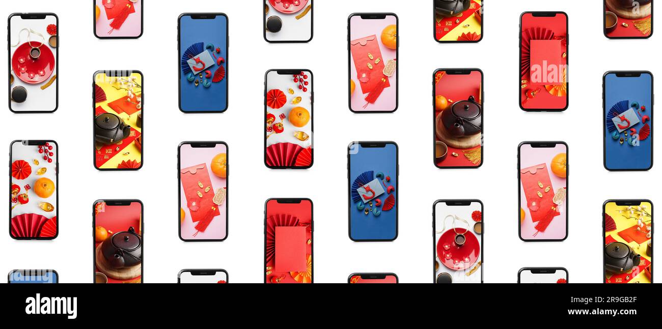 Many mobile phones with Chinese wallpapers on screens against white ...