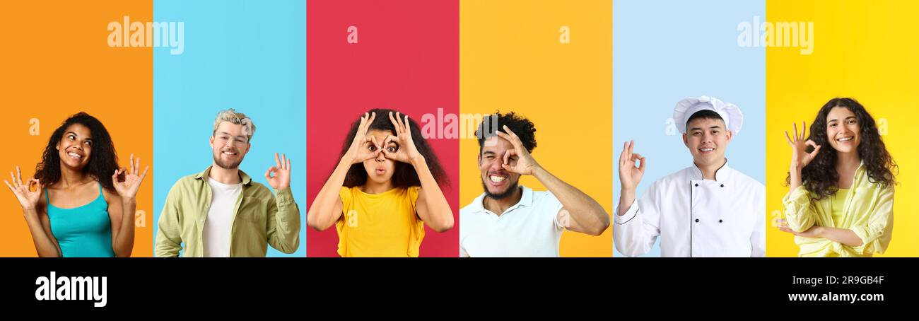 Set of young people showing OK gesture on color background Stock Photo ...
