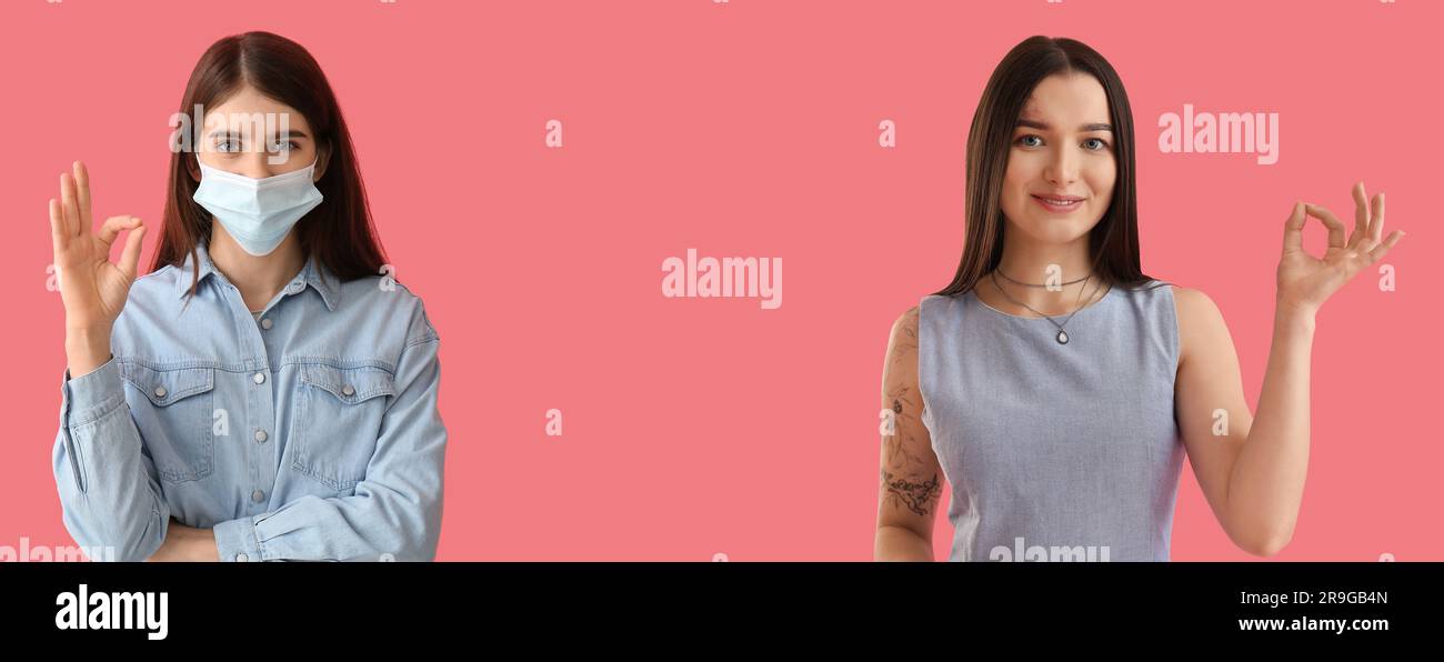 Young women showing OK gesture on pink background. Banner for design ...