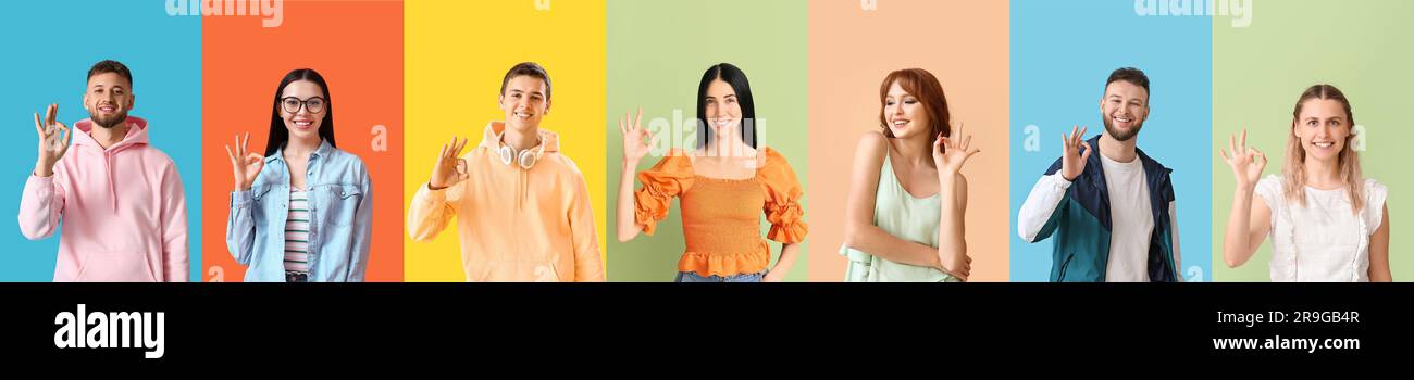 Group of young people showing OK gesture on color background Stock ...