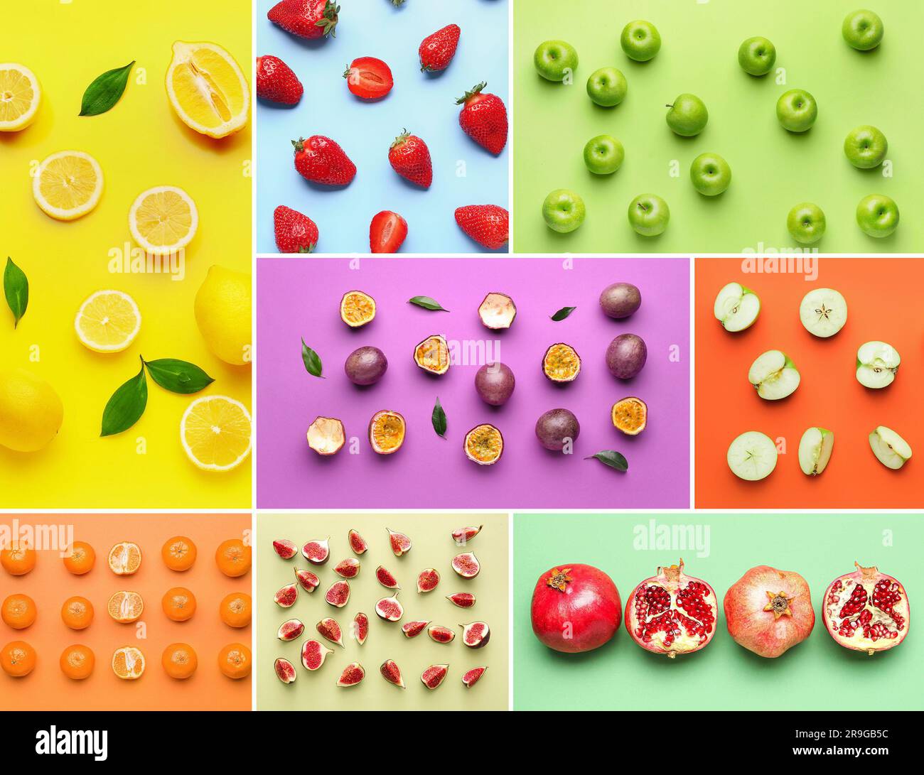 Set of fresh fruits and berries on color background. Patterns for ...