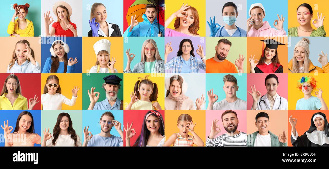 Group of different people showing OK gesture on color background Stock ...