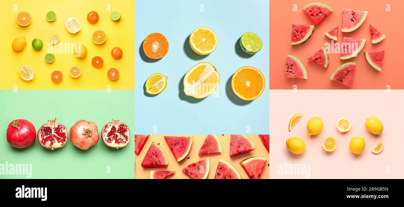 Set of fresh fruits on color background. Patterns for design Stock ...