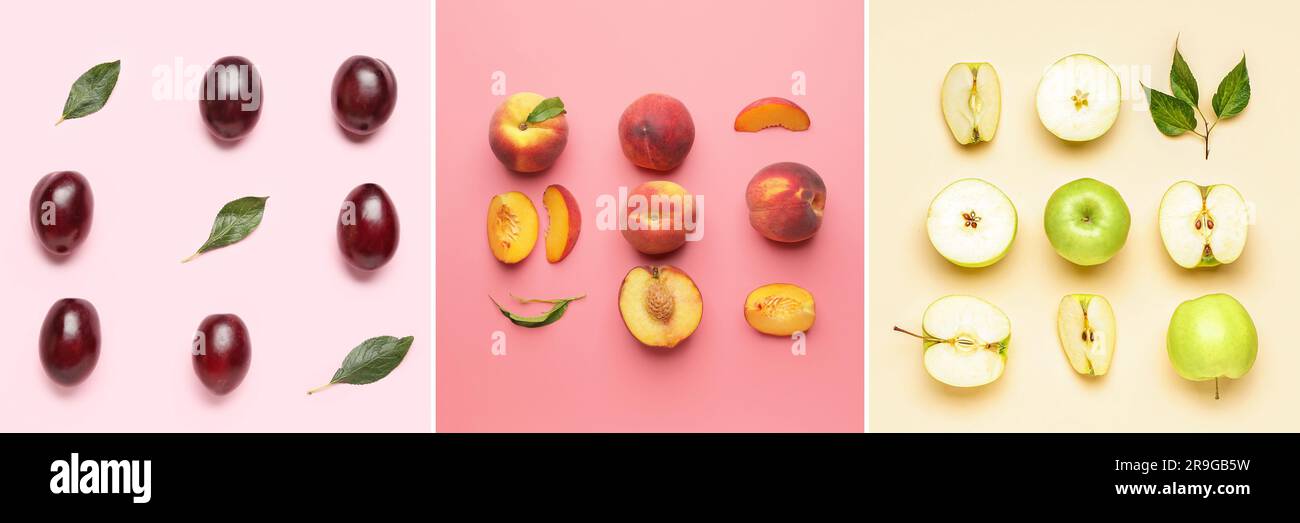 Set of fresh fruits on color background. Patterns for design Stock ...