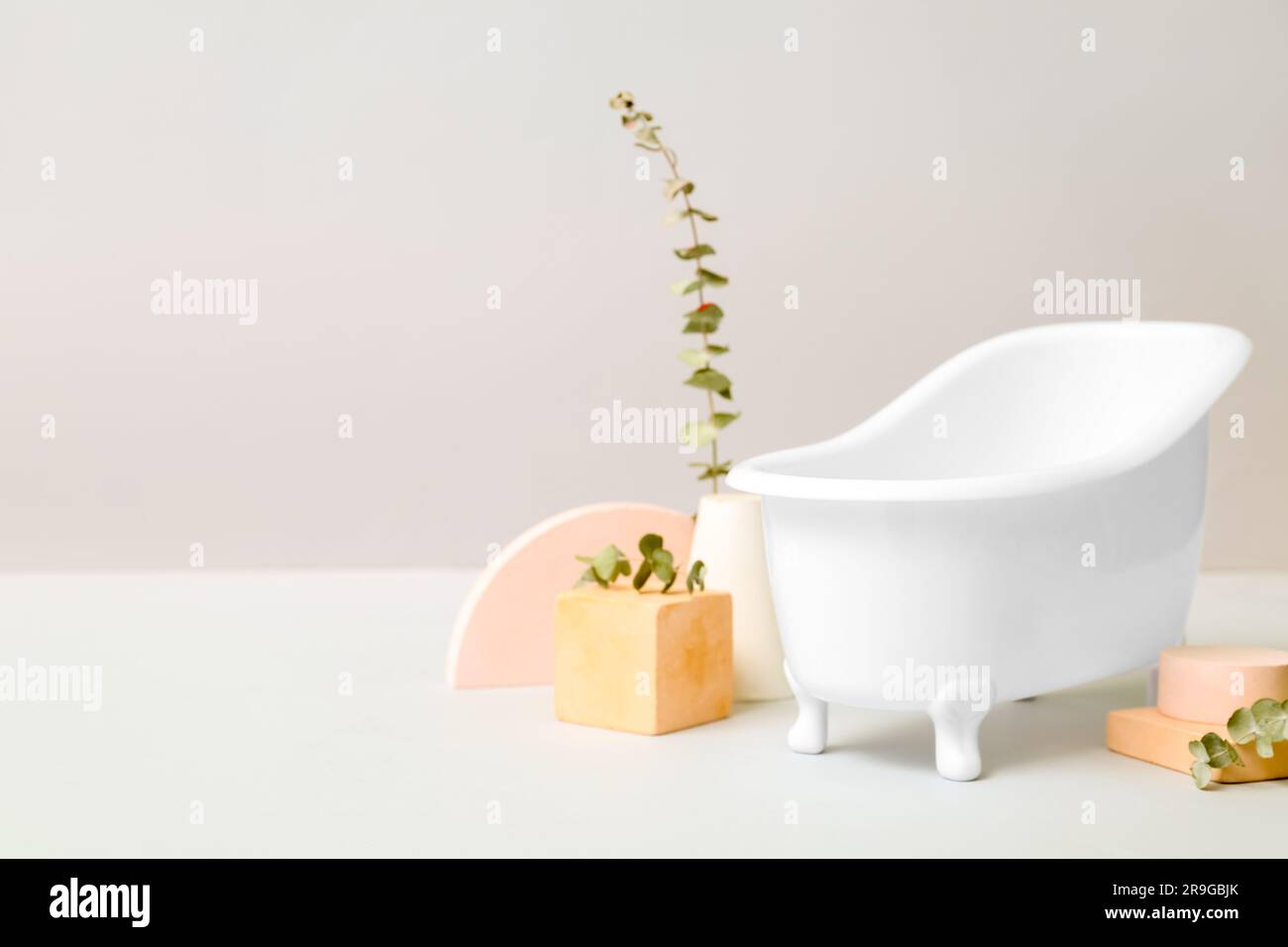 Small bathtub, plaster decor and eucalyptus branches on light ...