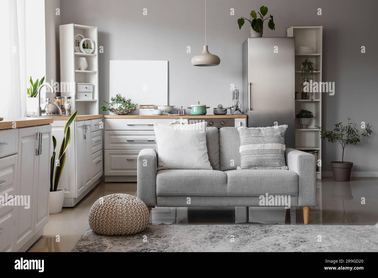 Interior of light kitchen with stylish fridge, counters, sofa and ...