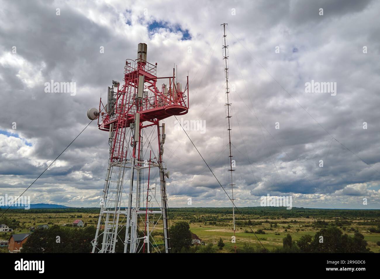 Aerial view of telecommunications cell phone tower with wireless ...