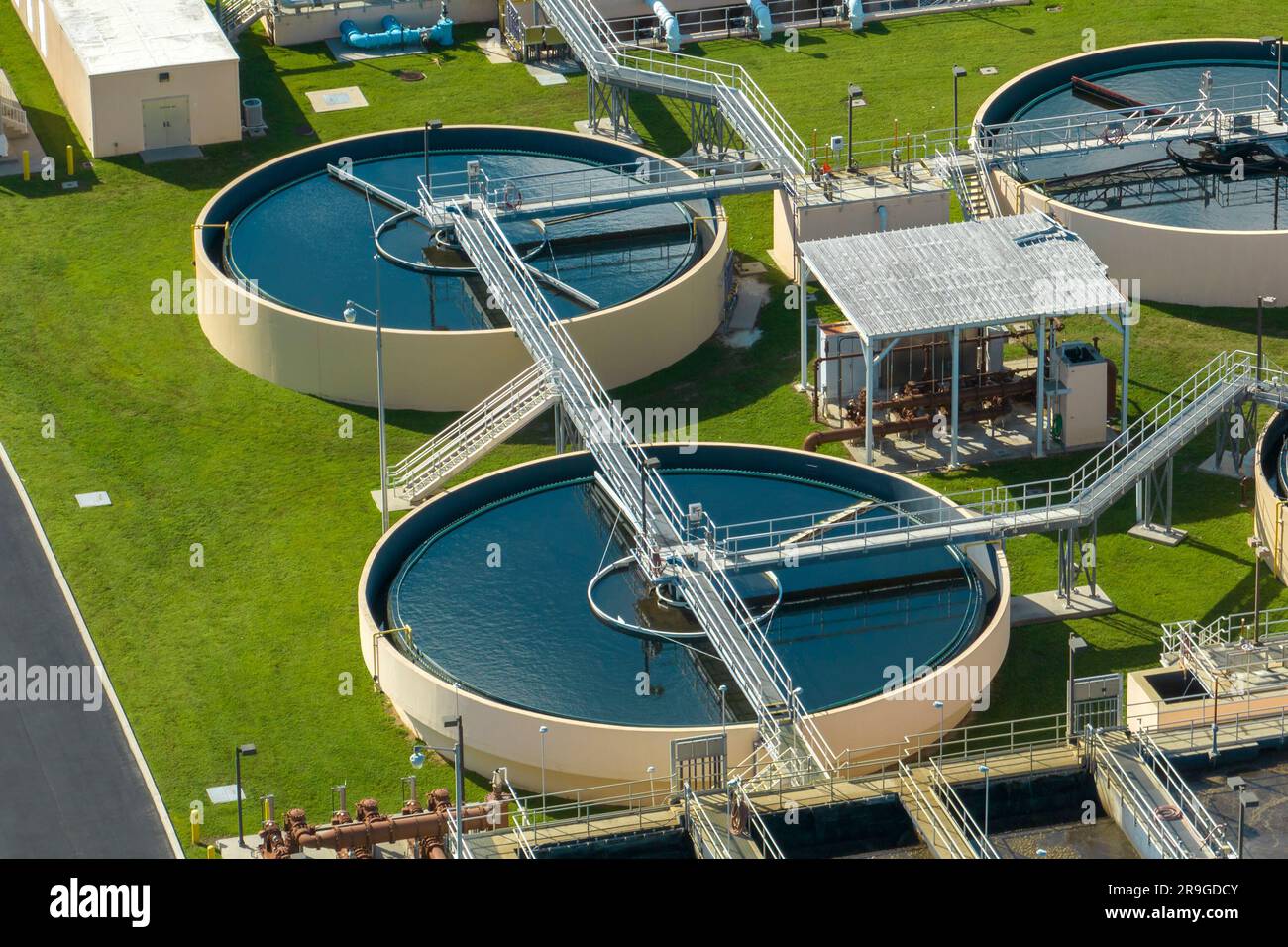 Aerial view of water treatment factory at city wastewater cleaning ...