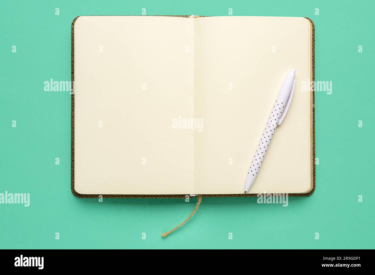 Blank open notebook and pen on color background Stock Photo - Alamy