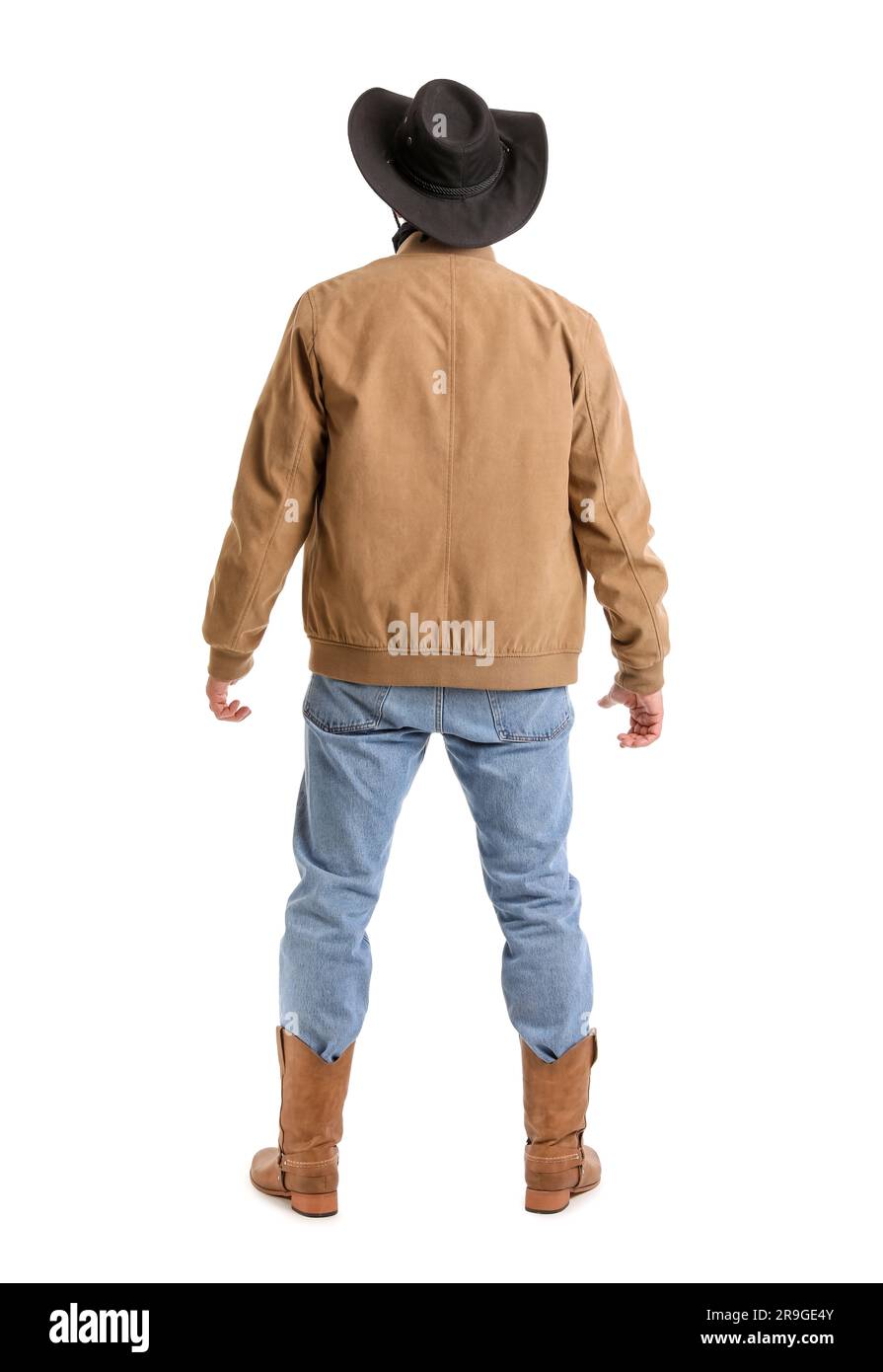 Mature cowboy on white background, back view Stock Photo - Alamy