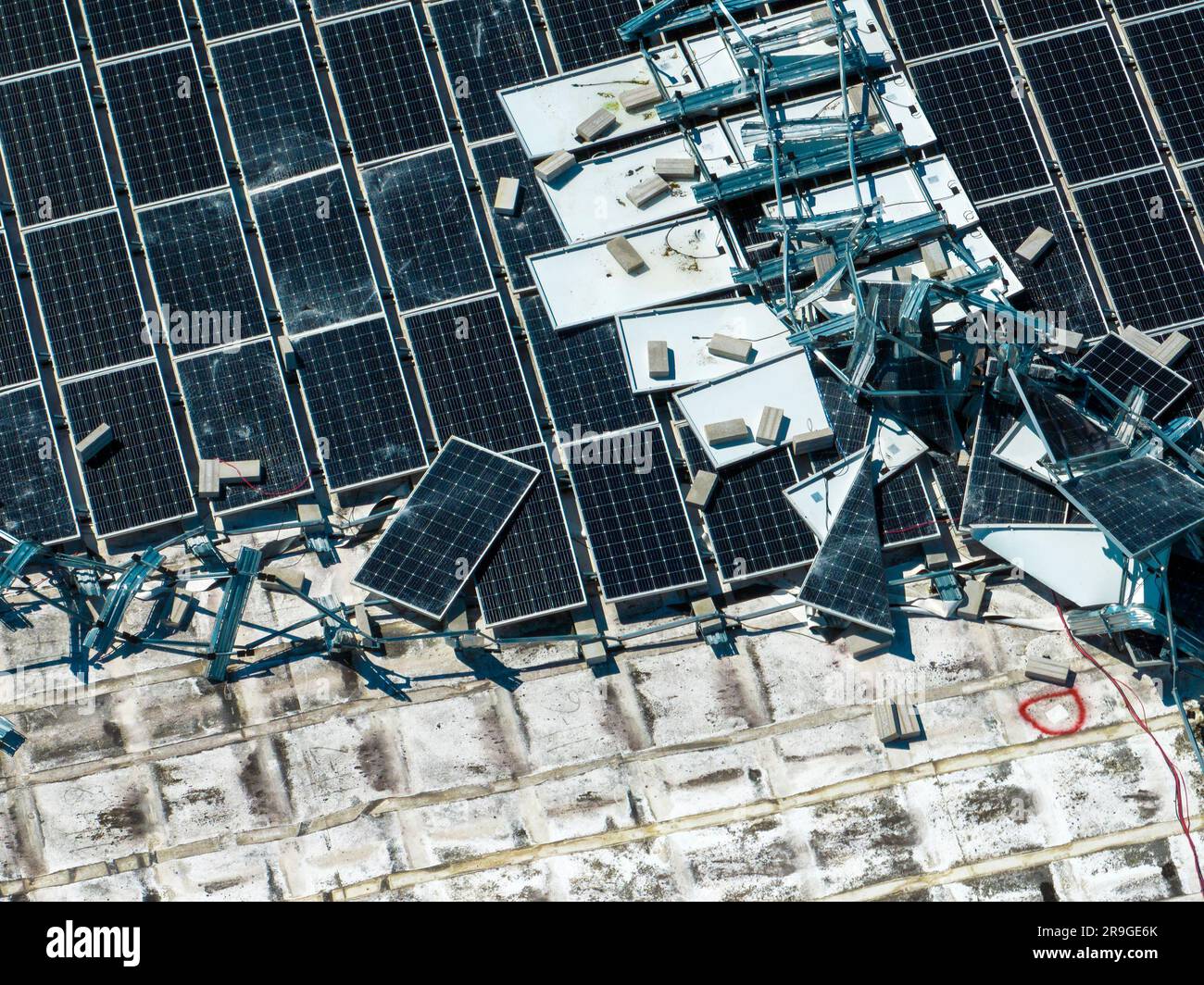 Broken down photovoltaic solar panels destroyed by hurricane Ian winds ...