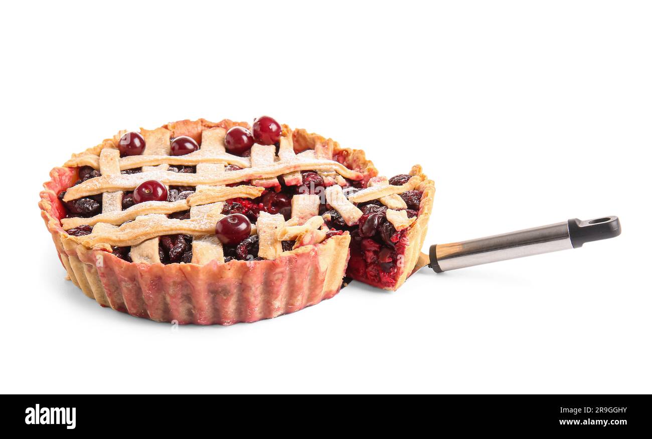Tasty cherry pie on white background Stock Photo - Alamy