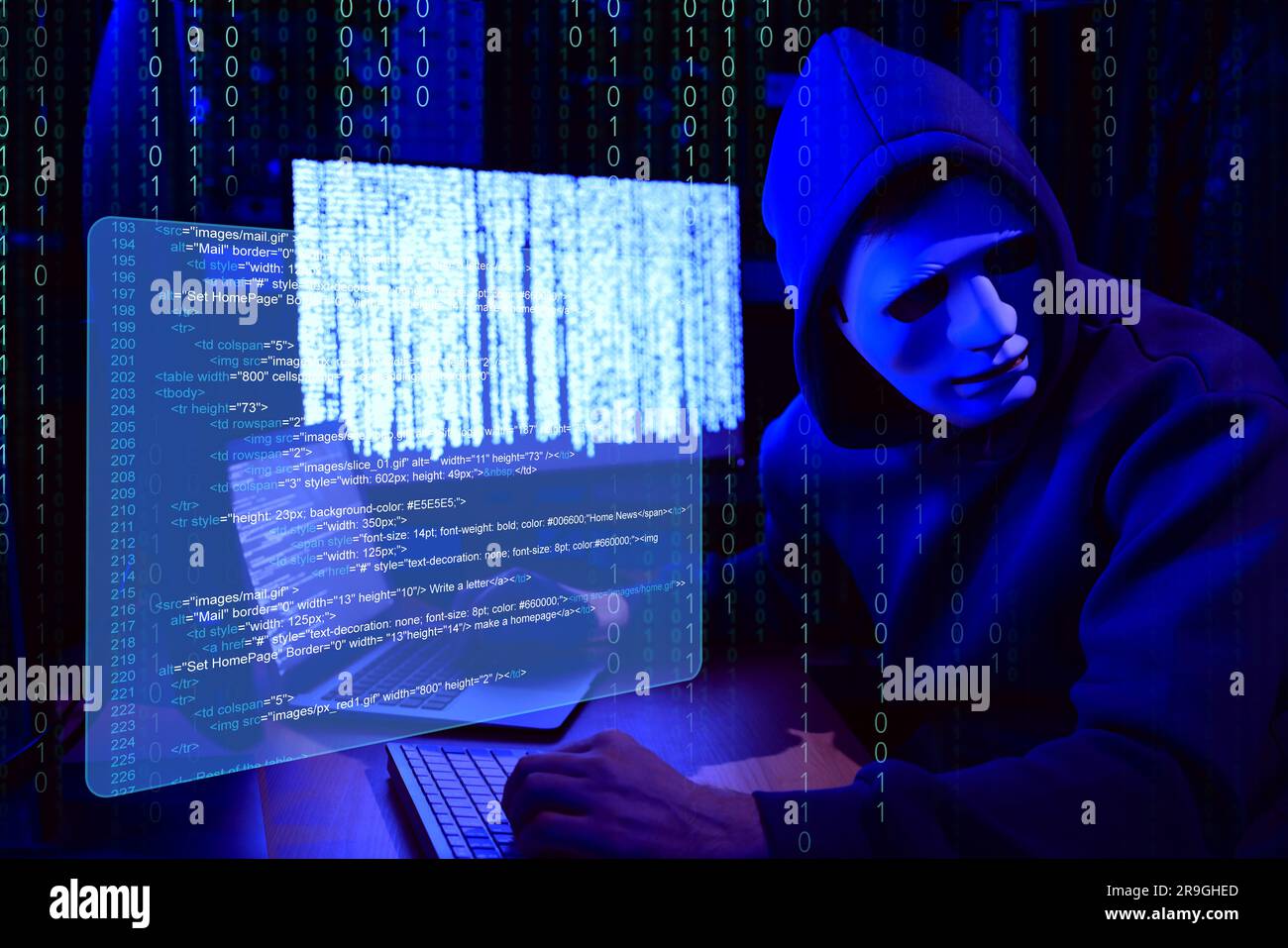 Cyber attack. Anonymous hacker in mask near computers in dark room. Binary code and virtual ...