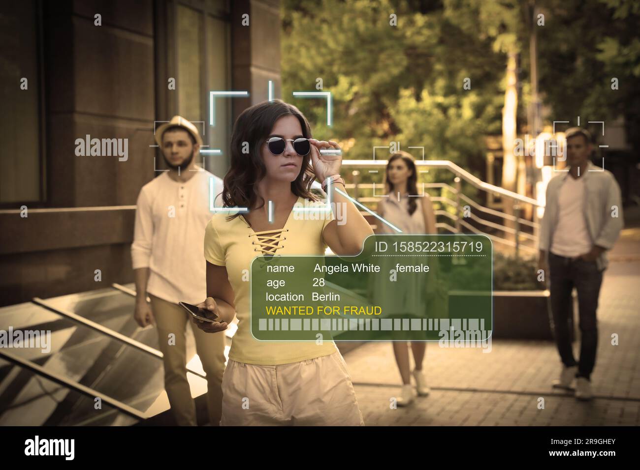 Facial recognition system identifying people on city street. AI giving ...