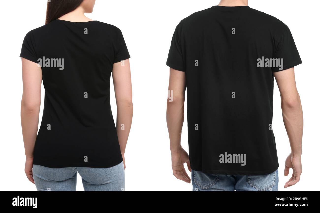People wearing black t-shirts on white background, back view. Mockup ...