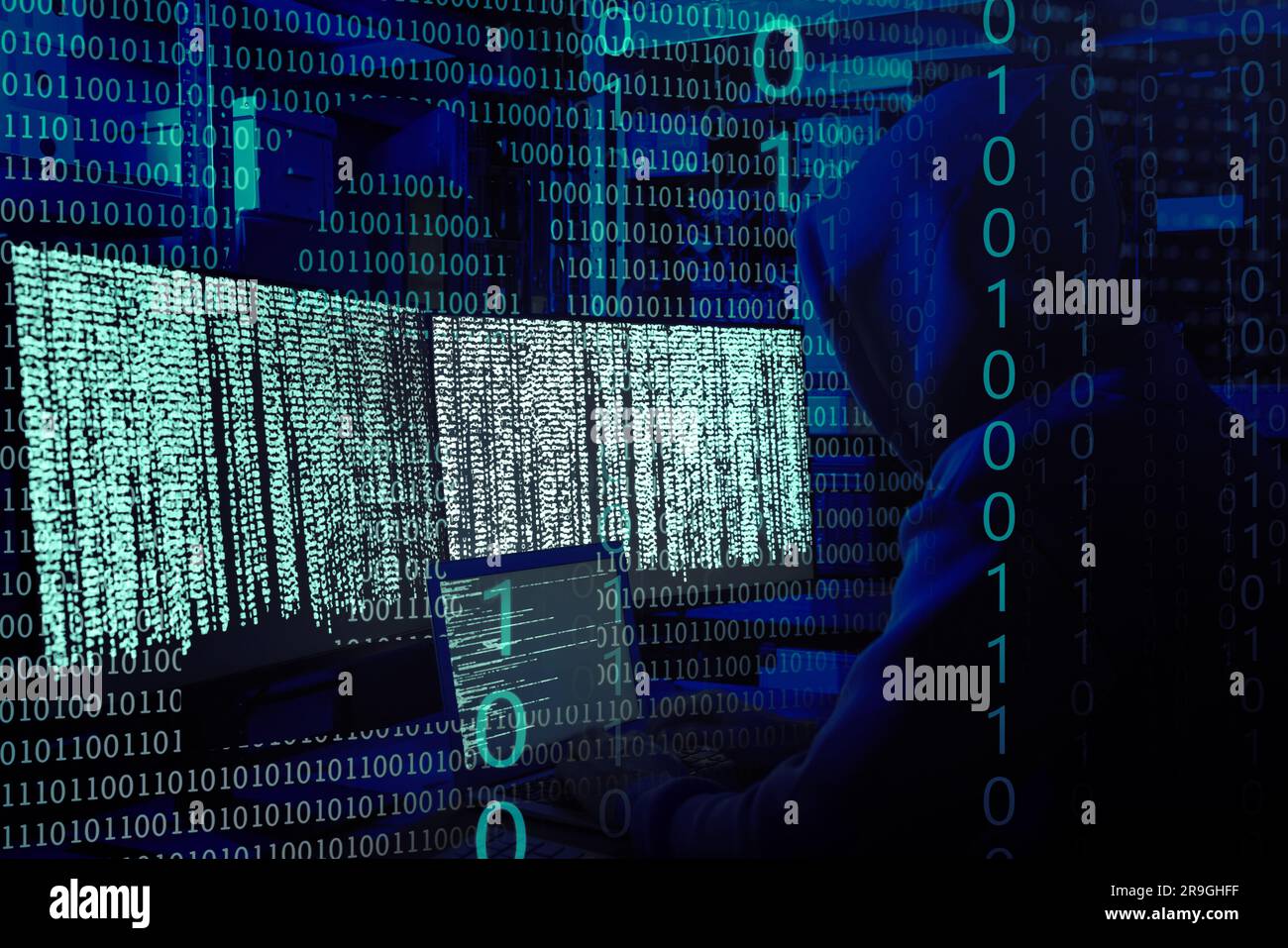 Cyber Attack Hacker Working With Computers In Dark Room Binary Code And Illustration Of Lock