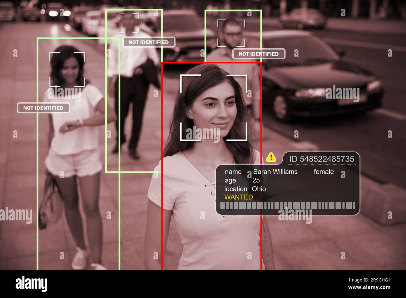Facial recognition system identifying people on city street. AI giving ...