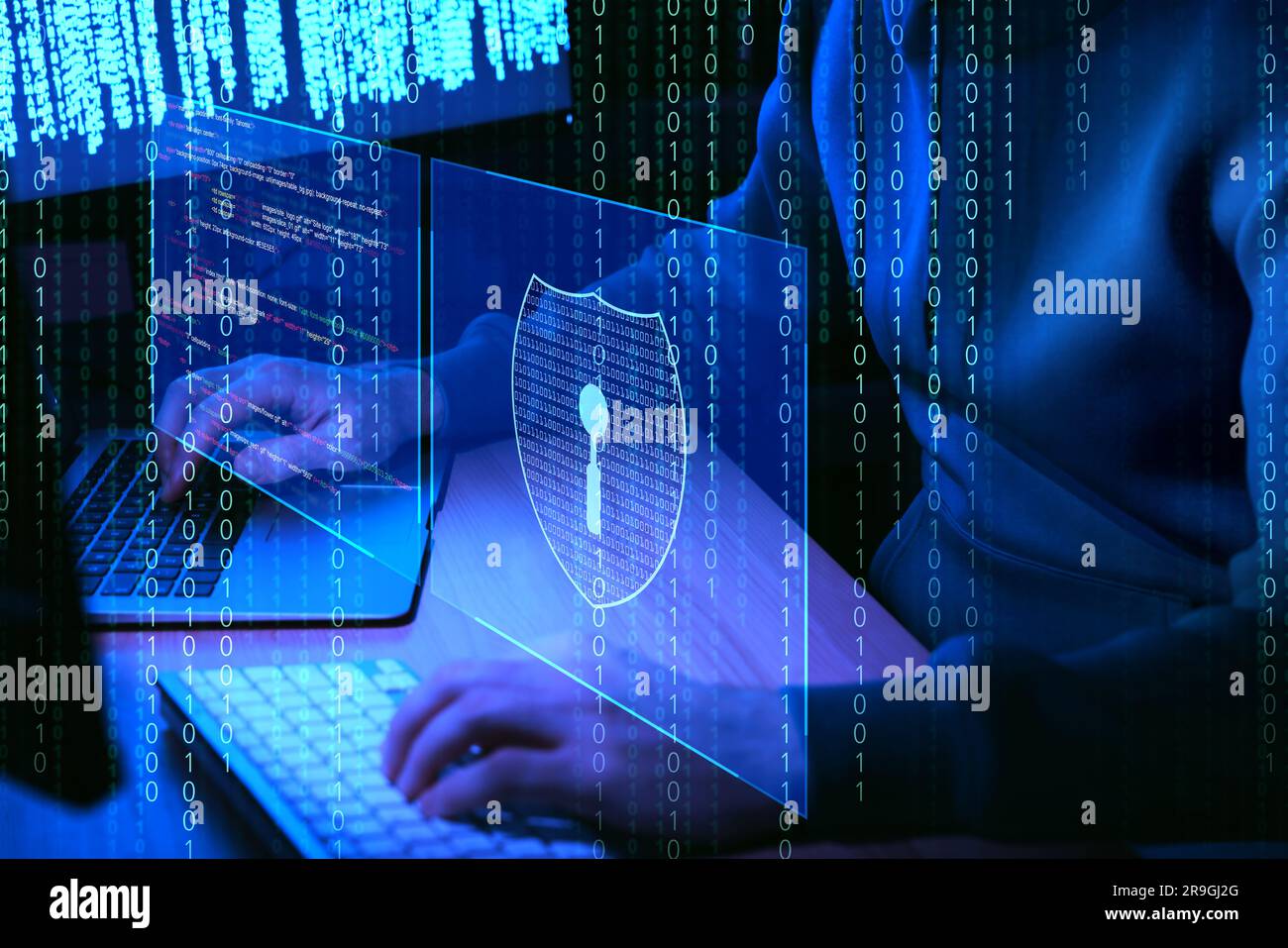 Cyber Attack Hacker Working With Computers In Dark Room Closeup Binary Code And Virtual