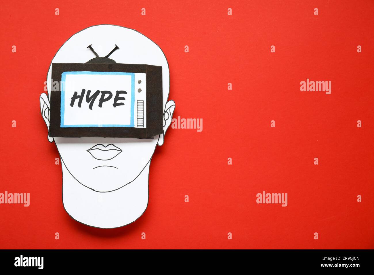 Human blinded with hype in media field. Paper cutouts on red background ...
