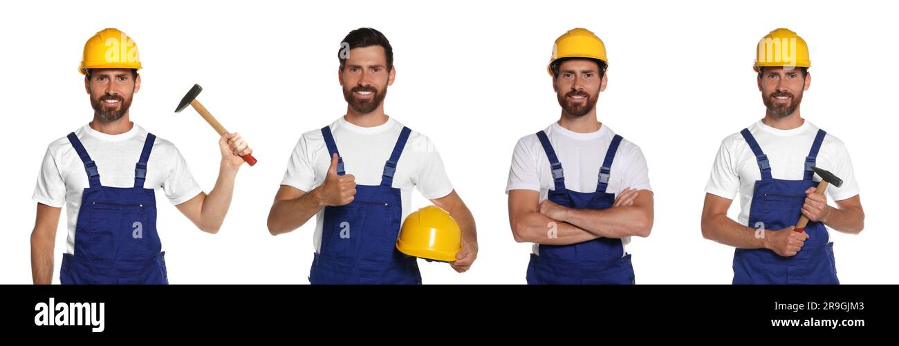 Photos of builder with hammer on white background, collage design Stock ...