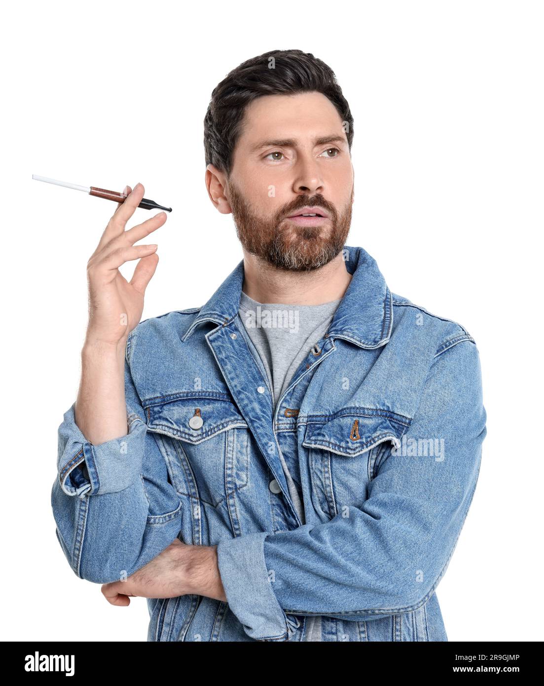 Man using cigarette holder for smoking isolated on white Stock Photo ...