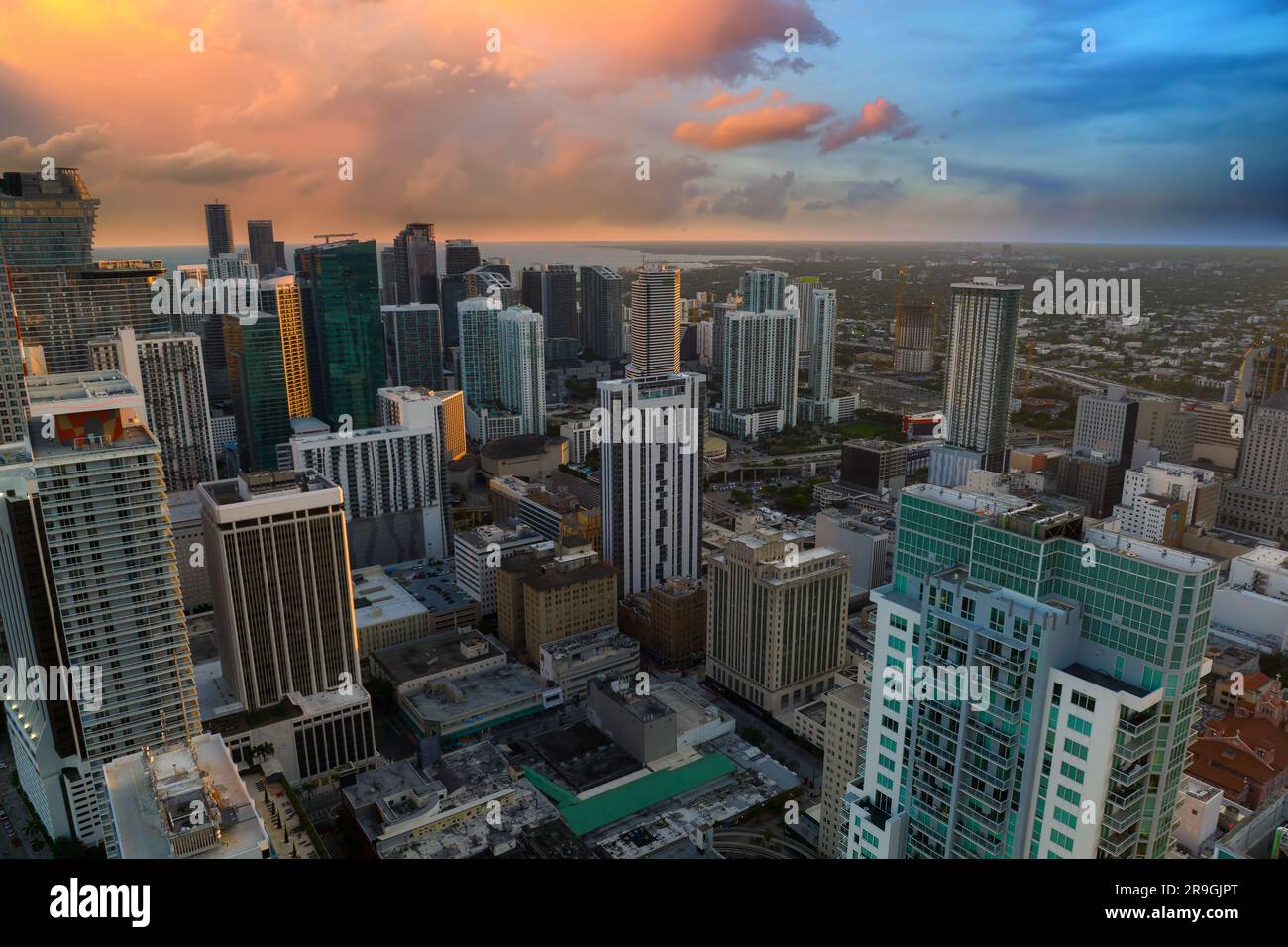 View from above of concrete and glass skyscraper buildings in downtown ...