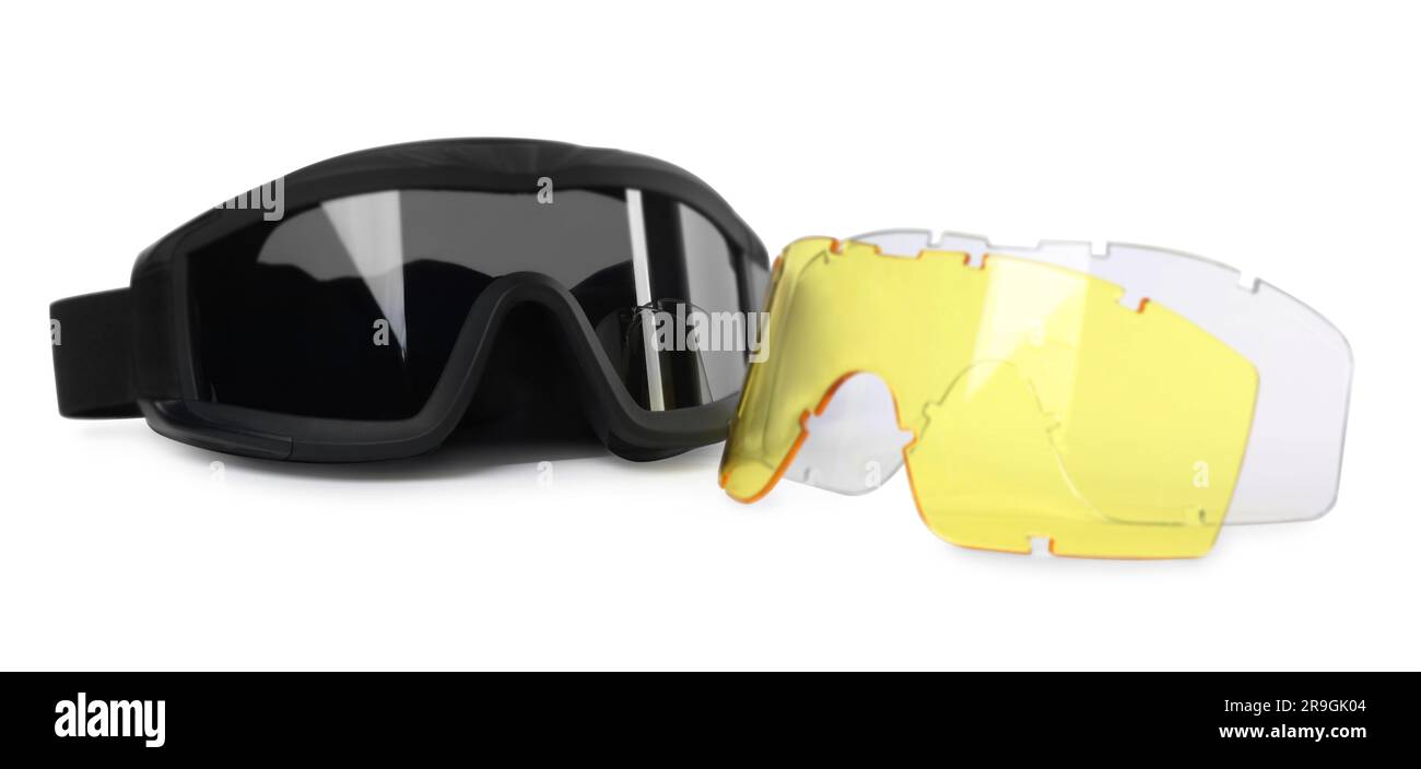 Tactical glasses and different lenses on white background. Military ...