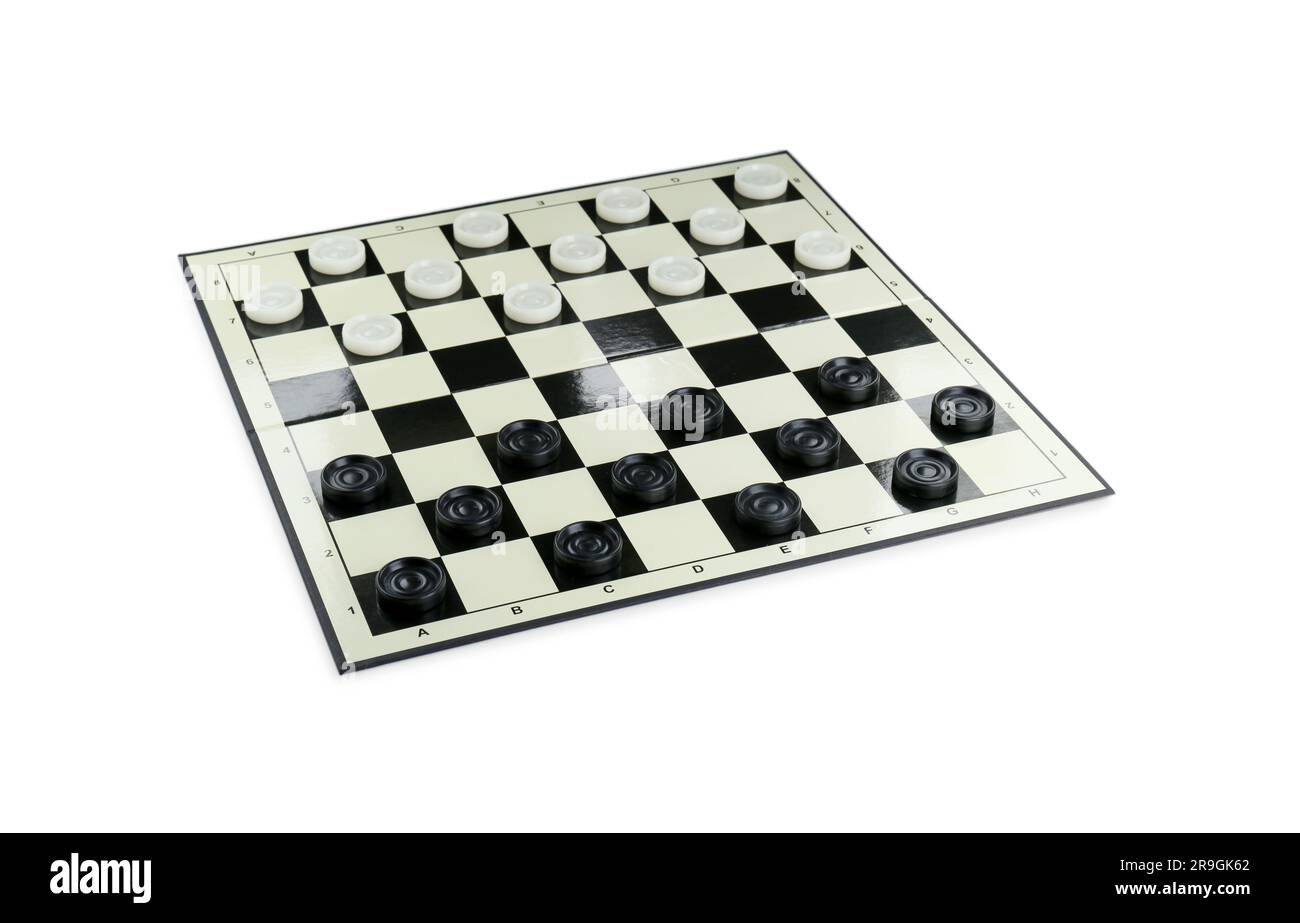 Checkerboard with game pieces isolated on white Stock Photo - Alamy