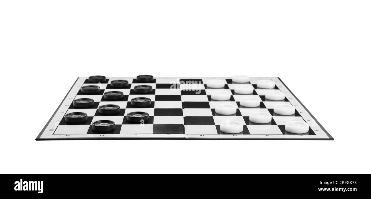Checkerboard with game pieces isolated on white Stock Photo - Alamy