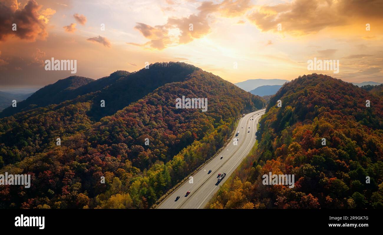 View from above of I-40 freeway route in North Carolina leading to ...
