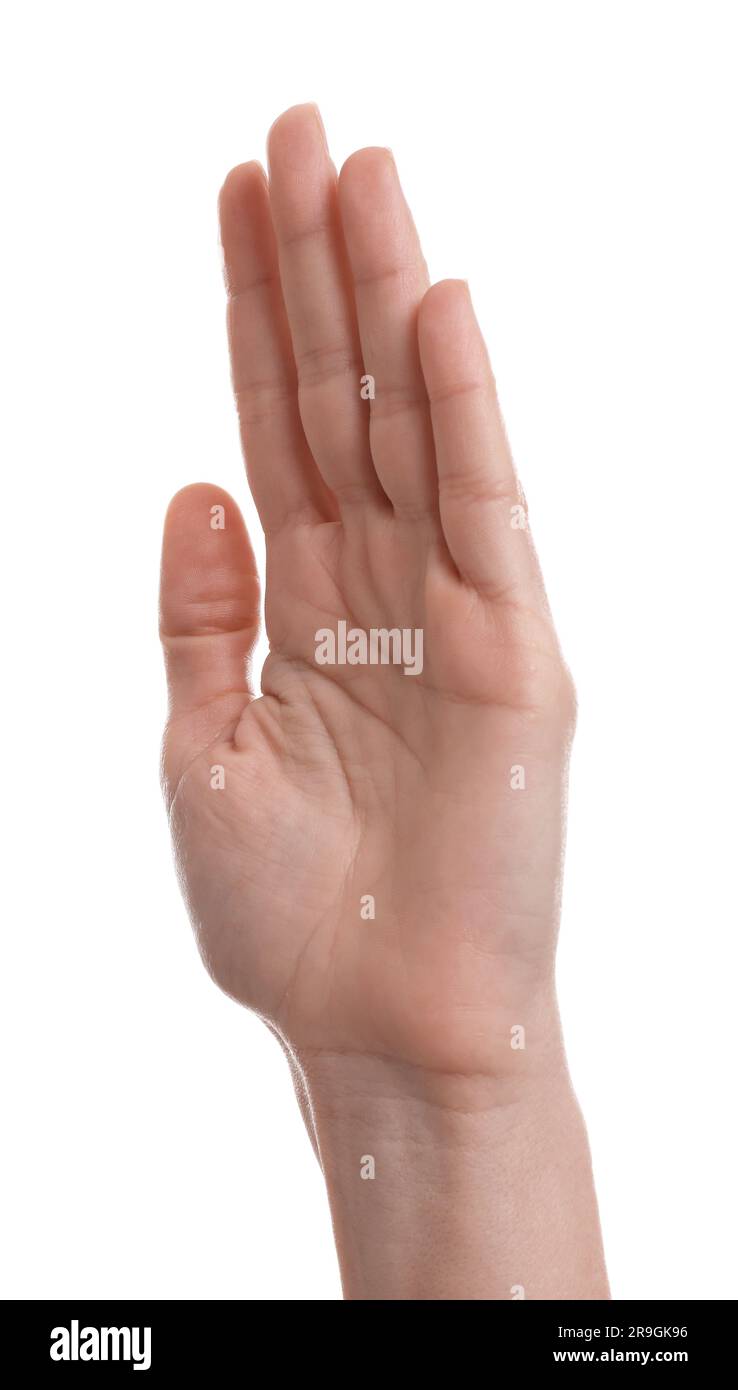 Woman giving high five on white background, closeup Stock Photo - Alamy