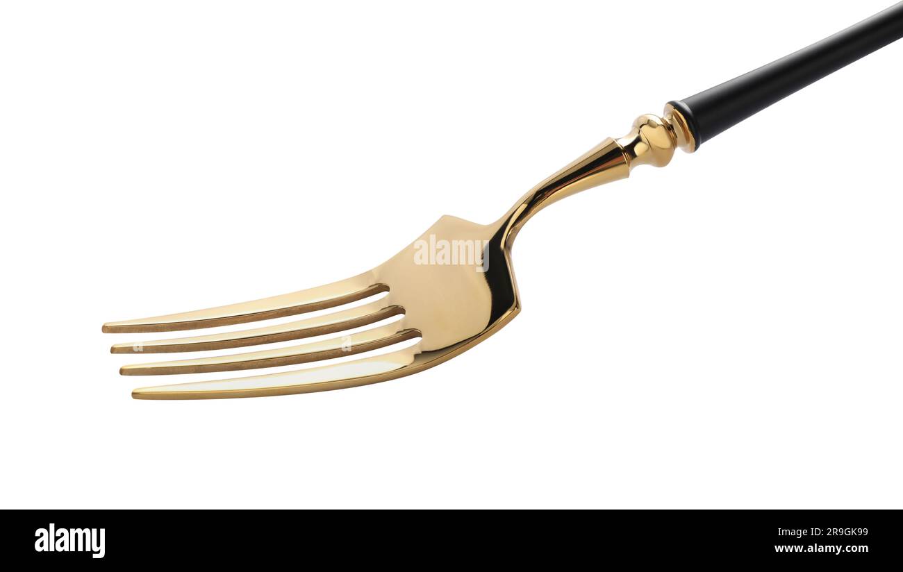 One shiny golden fork isolated on white Stock Photo - Alamy