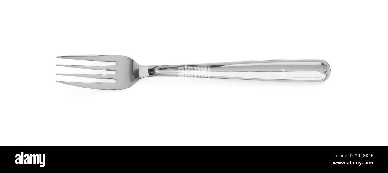 One shiny metal fork isolated on white, top view Stock Photo - Alamy