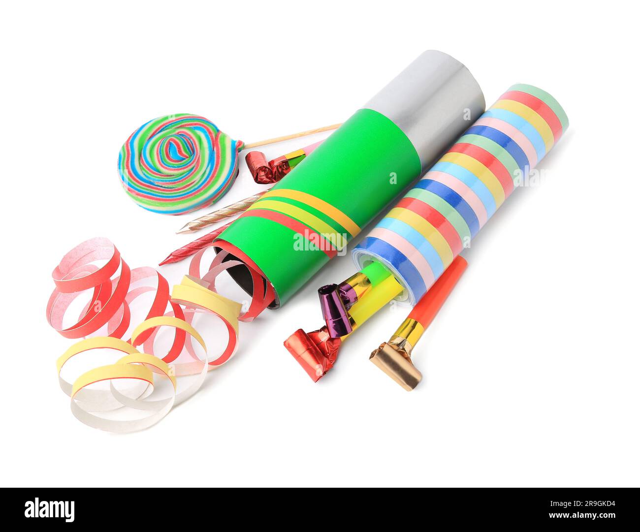 Party crackers and different festive items isolated on white Stock ...