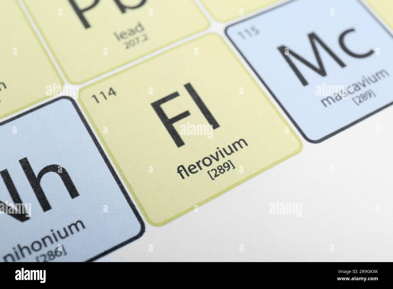 Symbol Flerovium on periodic table of chemical elements, closeup view ...