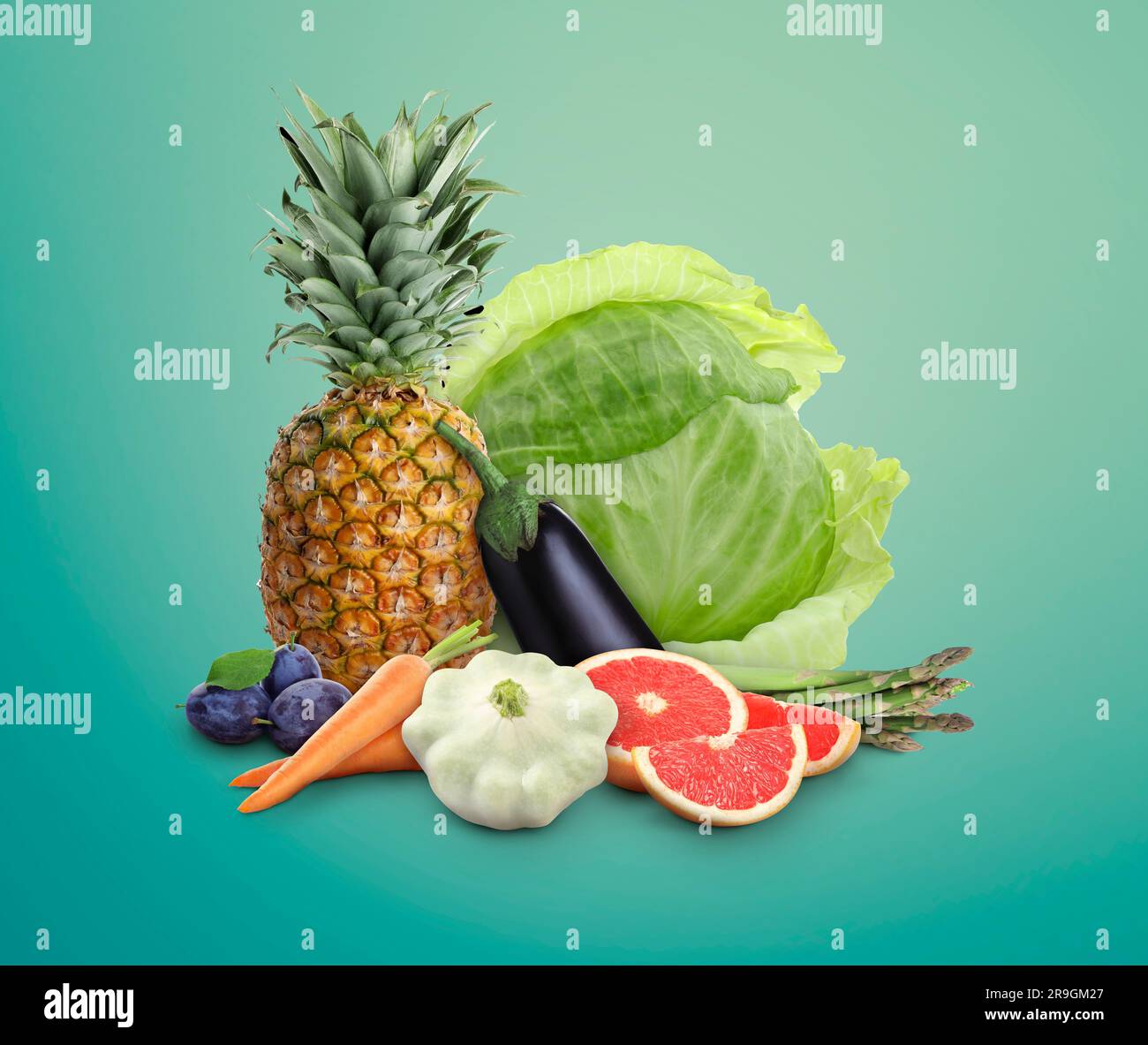 Fresh fruits and vegetables on turquoise gradient background Stock Photo - Alamy