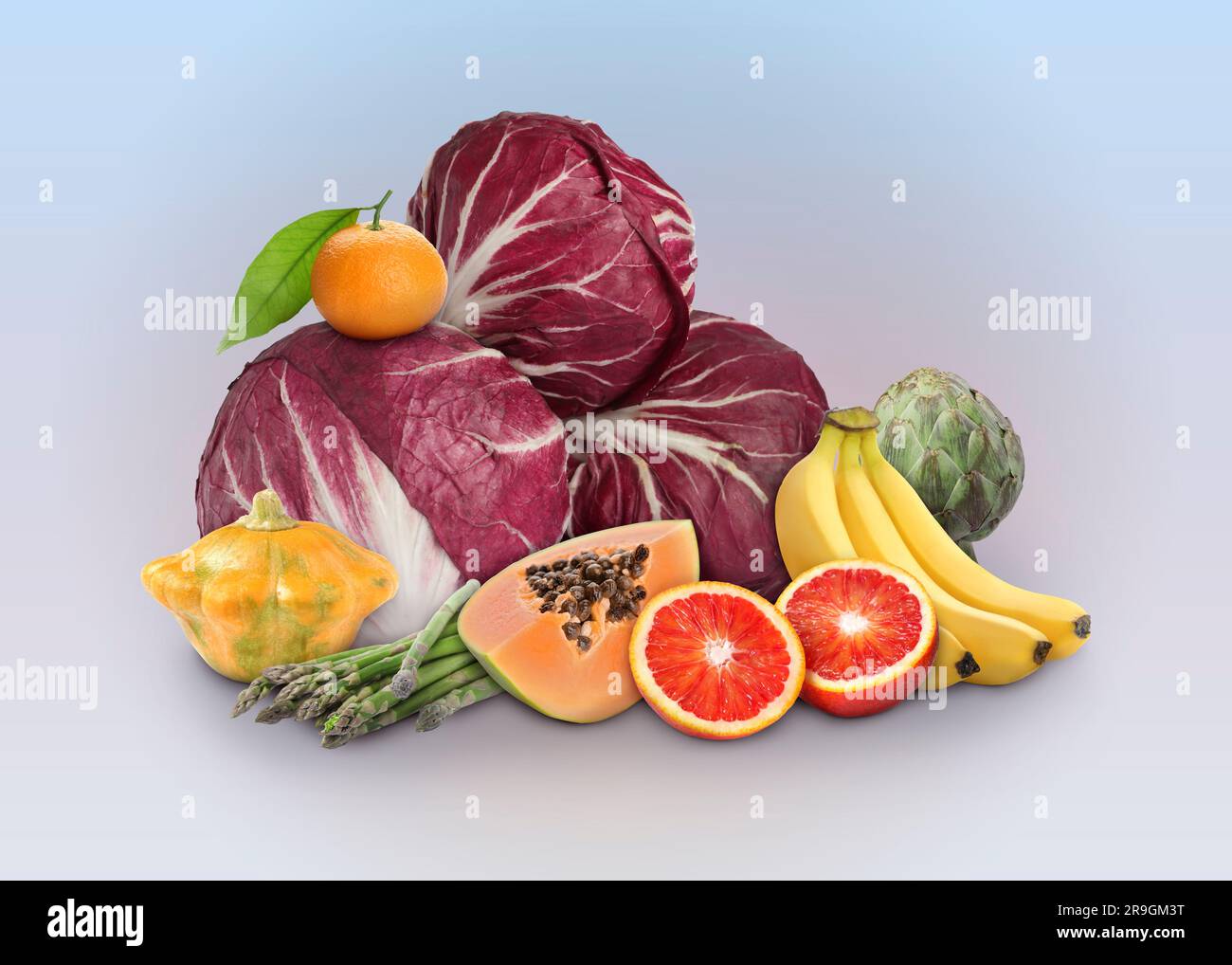 Fresh fruits and vegetables on light blue gradient background Stock ...