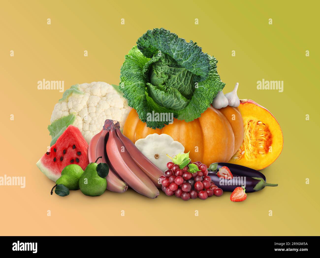 Fresh fruits and vegetables on pastel orange green gradient background Stock Photo - Alamy