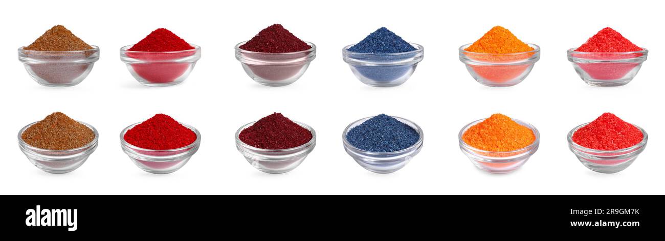 Collage of different powdered food coloring in bowls isolated on white ...
