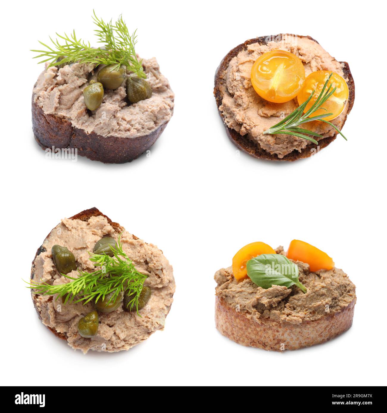 Slices of bread with tasty pate on white background, collage design ...