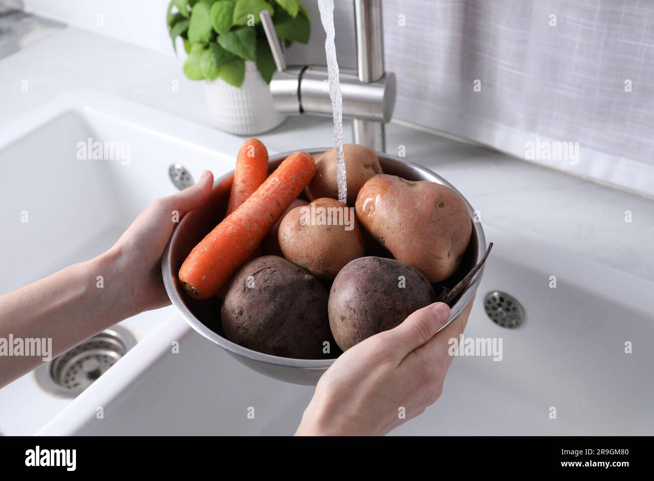 Woman washing fresh vegetables in kitchen sink, closeup. Cooking ...