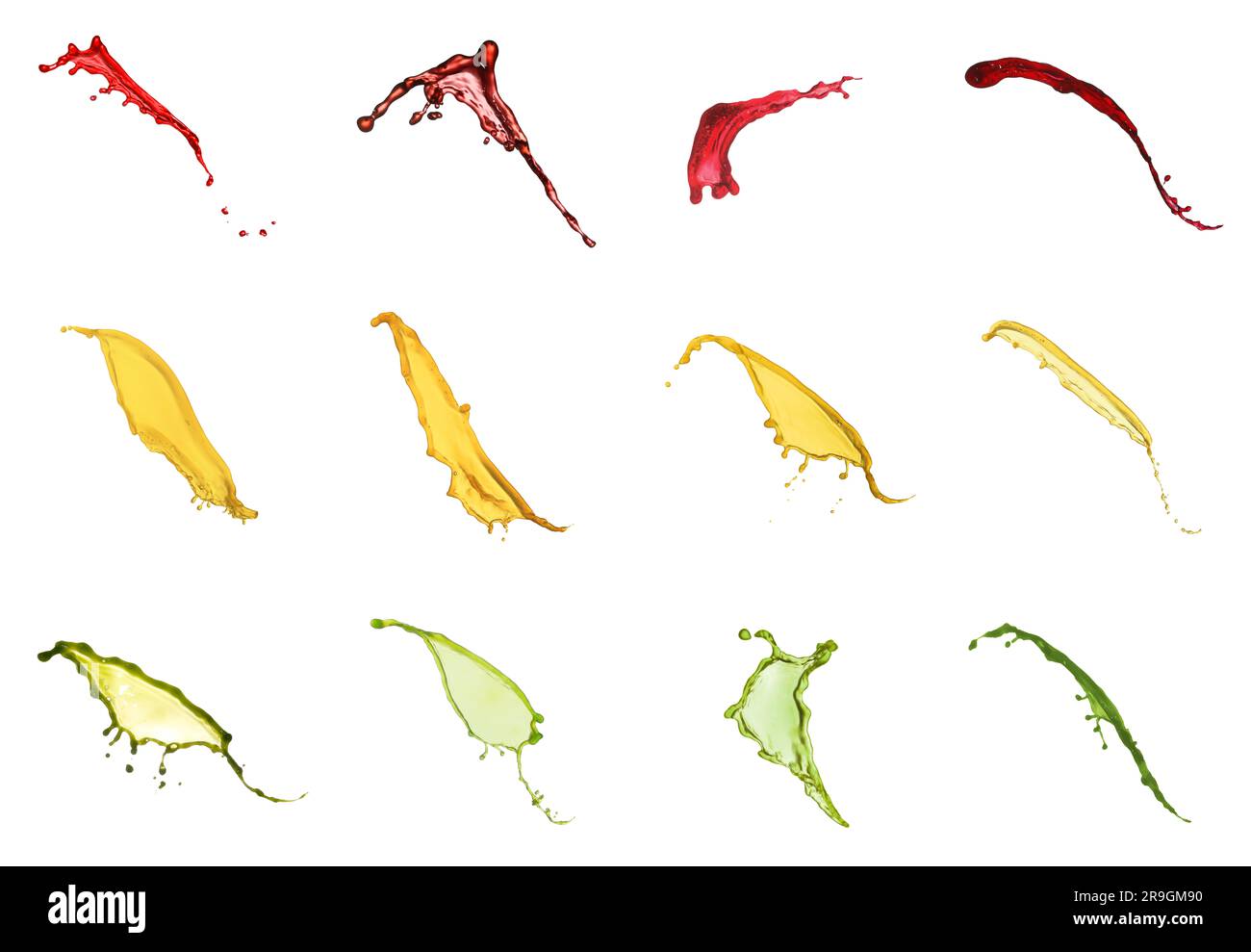 Collage with splashes of different juices isolated on white Stock Photo ...