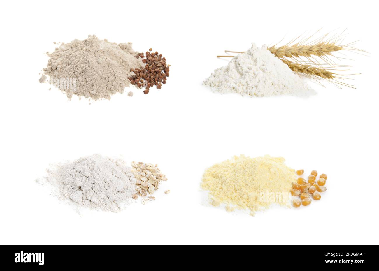 Different types of flour and ingredients on white background, collage ...