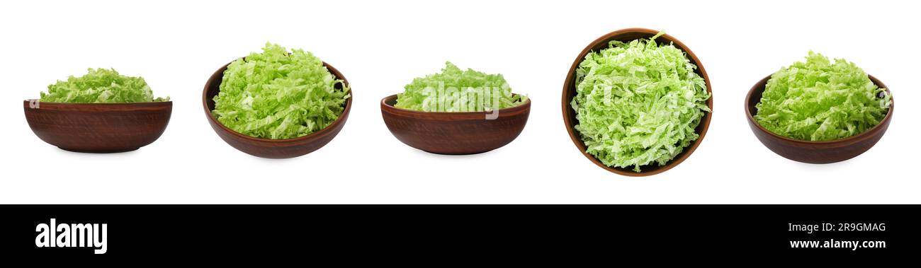 Collage with shredded fresh Chinese cabbage in bowls on white ...
