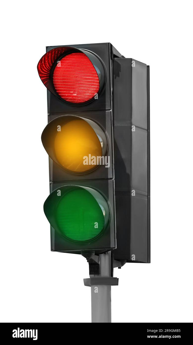 Traffic signal with three lights isolated on white Stock Photo - Alamy