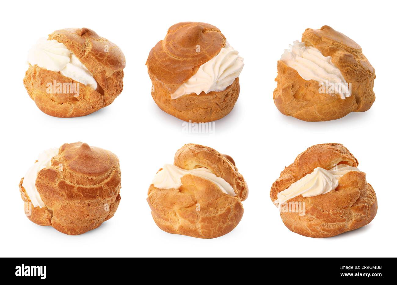 Delicious profiteroles with whipped cream filling on white background ...